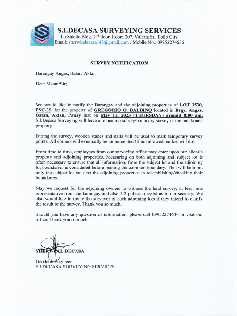 SURVEY NOTIFICATION (SDA) AKLAN | PDF