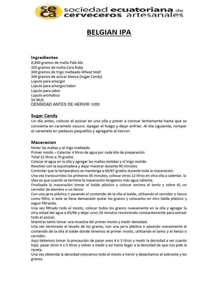 Receta de Belgian IPA Artesanal | PDF | Lúpulo | Cerveza