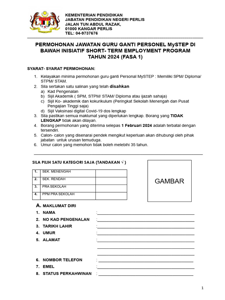 Borang Permohonan My Step Fasa 1 Tahun 2024 | PDF