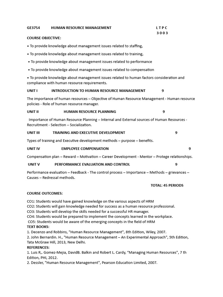 Ge3754 HRM Syllabus | PDF | Human Resource Management | Human Resources
