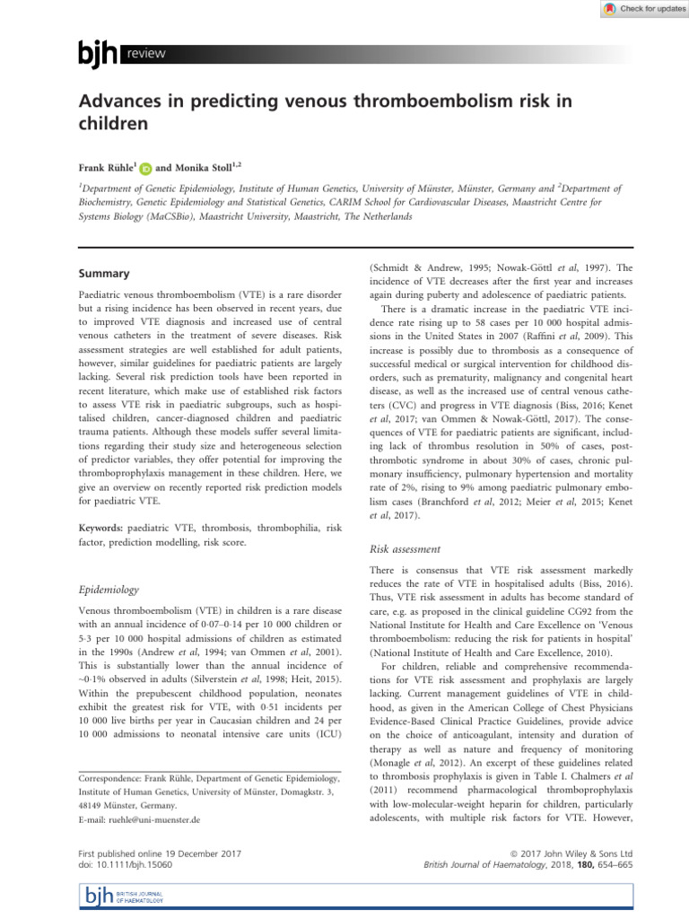 Br J Haematol - 2017 - R%C3%BChle - Advances in predicting venous ...