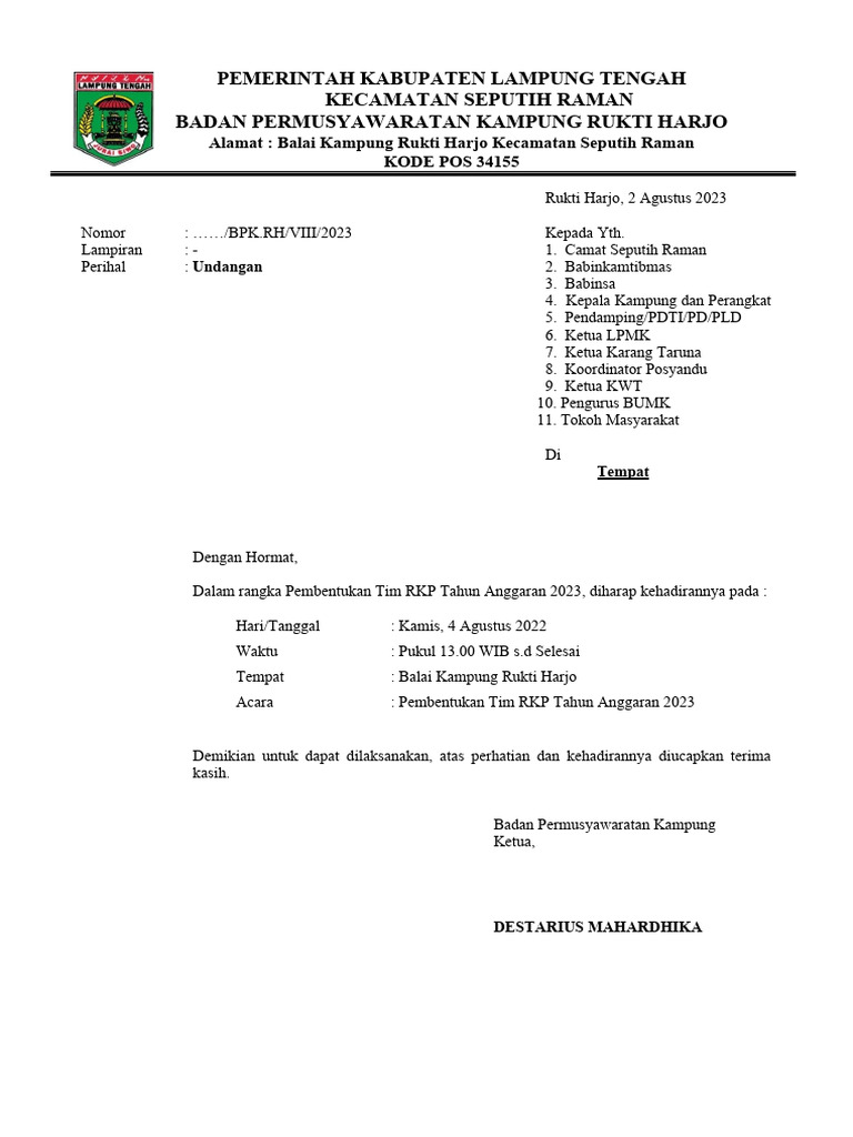 Undangan Pembentukan Tim RKP | PDF