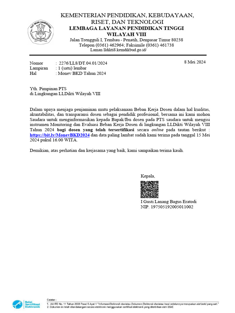 Surat Monev BKD Tahun 2024 ALL PTS | PDF