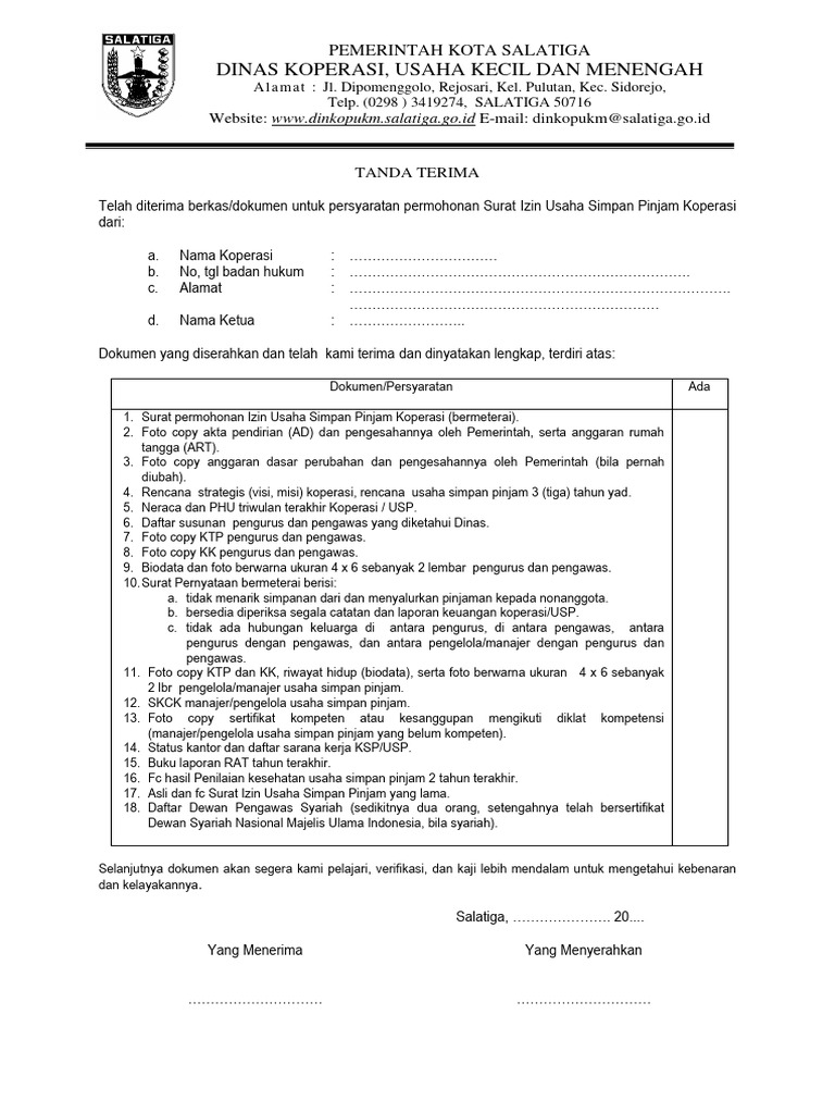 Tanda Terima Permohonan Surat Izin Usaha Simpan Pinjam Koperasi | PDF