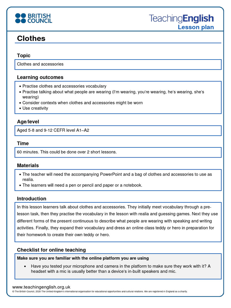 teaching-kids-clothes-online-lesson-plan | PDF | Learning | Lesson Plan