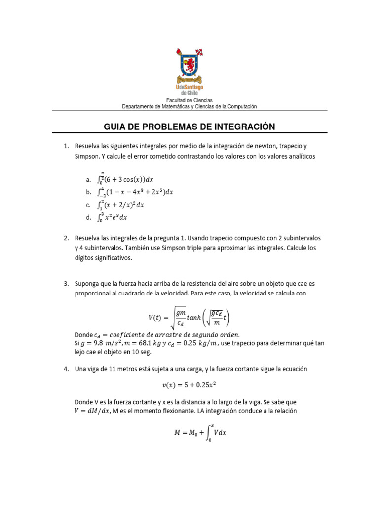 Guía de Problemas de Integración y Métodos Numéricos | PDF | Integral ...