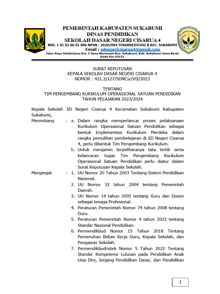 SK Tim Pengembang KOSP SDN Cisarua 4 | PDF | Karier & Perkembangan