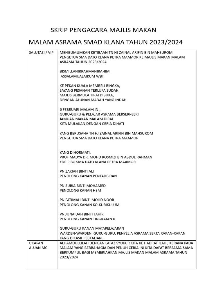 SKRIP PENGACARA MAJLIS MAKAN makan malam asrama | PDF