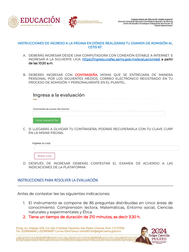Instrucciones Examen de Admisión 2024 Cetis 67 | PDF
