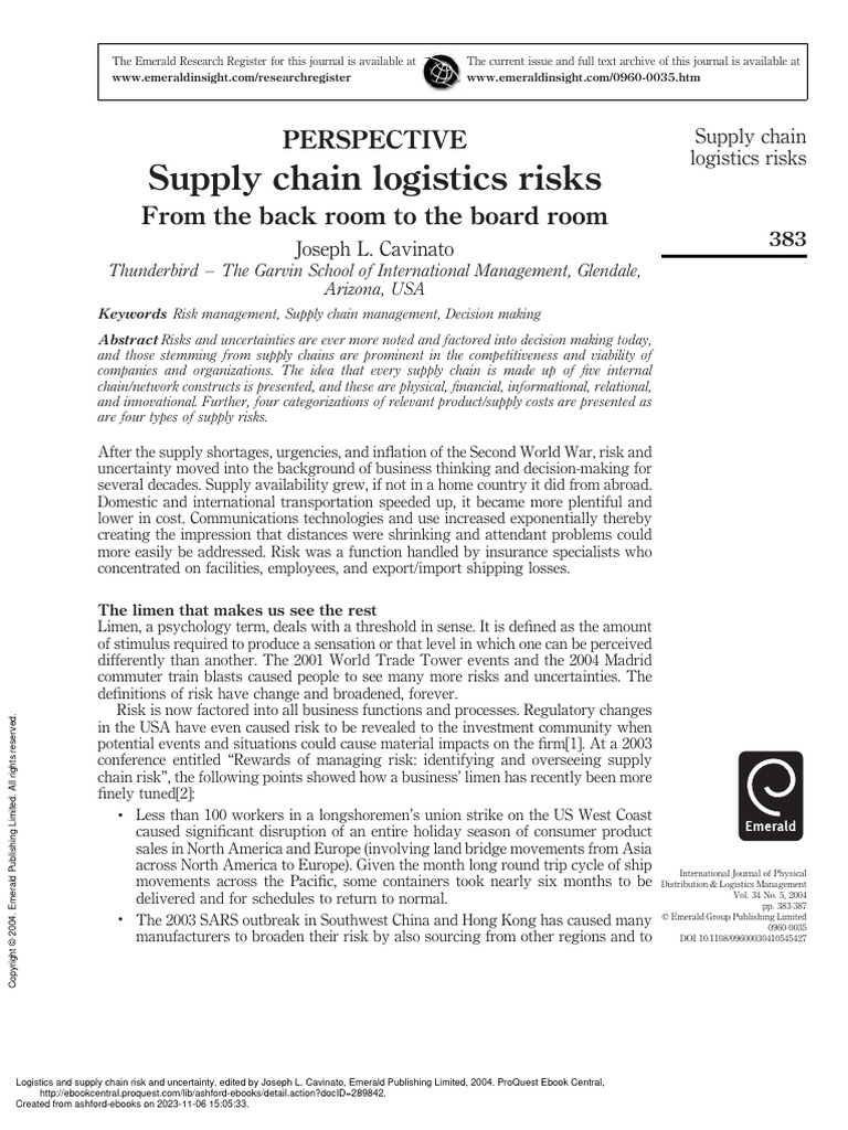 Logistics and Supply Chain Risk and Uncertainty - (Supply Chain ...