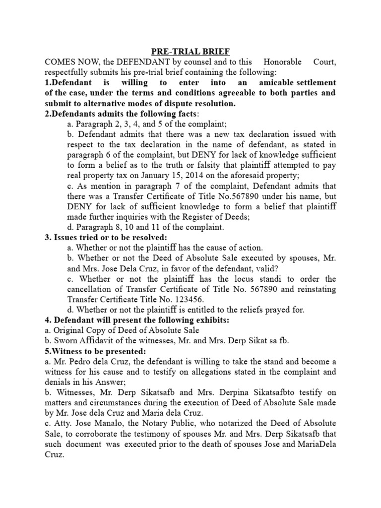 Pre-Trial Brief for Defendant's Case | PDF | Trials | Complaint