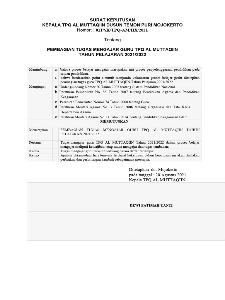 Contoh SK Pembagian Jadwal TPQ | PDF