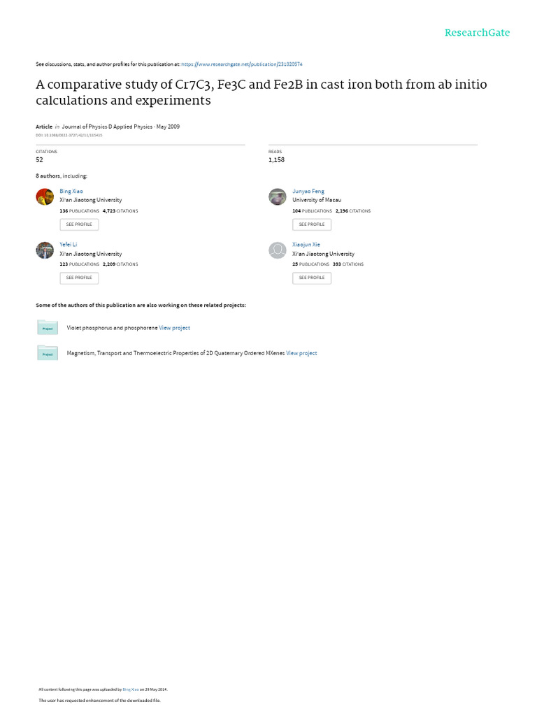 A Comparative Study of Cr7C3 Fe3C and Fe2B in Cast Iron Both From Ab ...