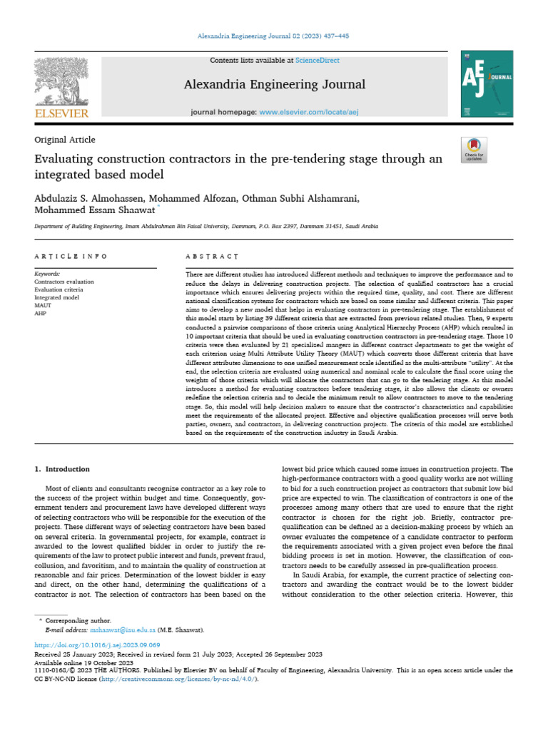 Evaluating Construction Contractors in The Pre-Tendering Stage Through ... Evaluating Construction Contractors in The Pre-Tendering Stage Through ...