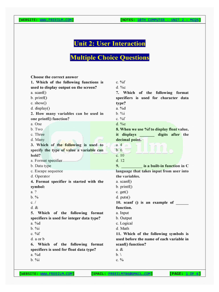 10th Comp CH 2 MCQ's | PDF