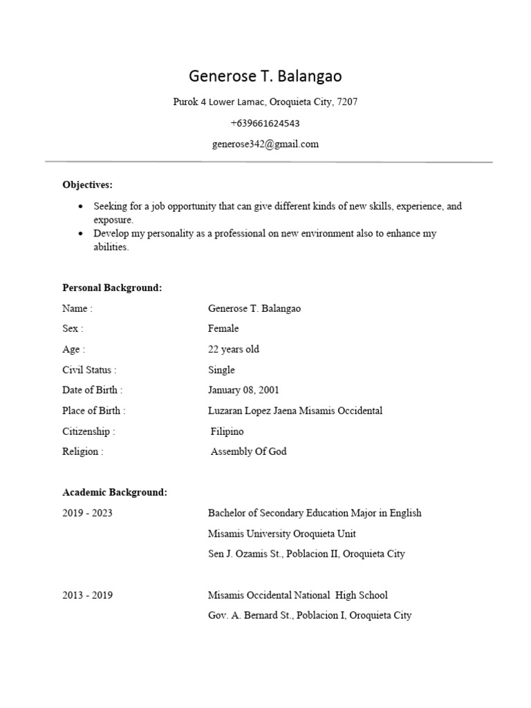 Balangao - Generose - Resume1 1 | PDF