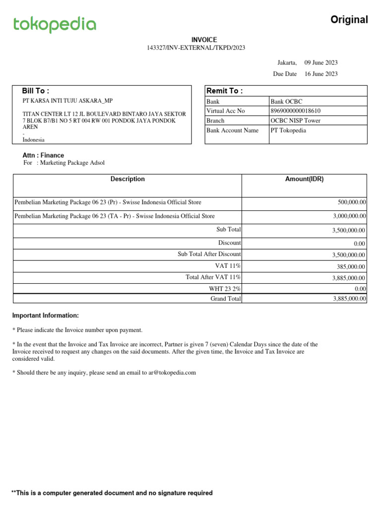 PT Tokopedia - 143327 Inv External TKPD 2023 1 Inv Payment Tokopedia Swisse Juni | PDF ...
