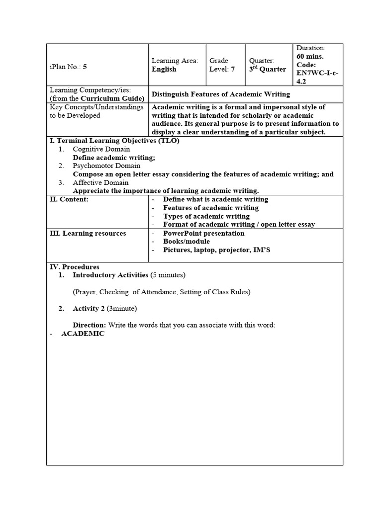Samorano English7 Iplan5 | PDF | Essays | Rubric (Academic)