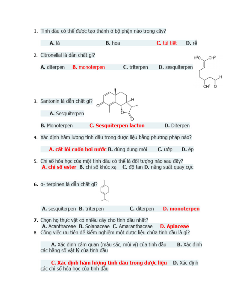 Trac Nghiem Duoc Lieu 2 Bai 11a Dai Cuong Tinh Dau | PDF