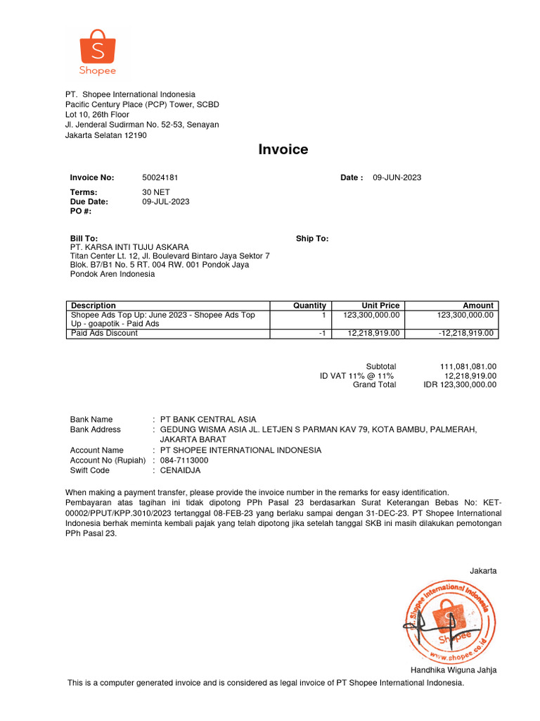 Alamat dan NPWP PT Shopee Indonesia | PDF