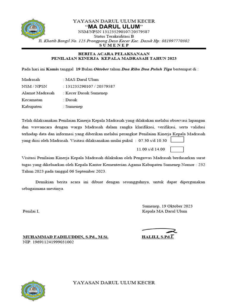 Berita Acara PKK Ma Darul Ulum Kecer Kamis 19 Okt 2023 | PDF