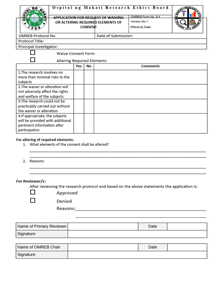 SOP OMREB FORM 5.4 Waiver or Alteration of Informed Consent | PDF ...