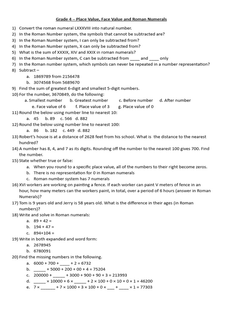 Grade 4 Math: Place Value & Roman Numerals | PDF