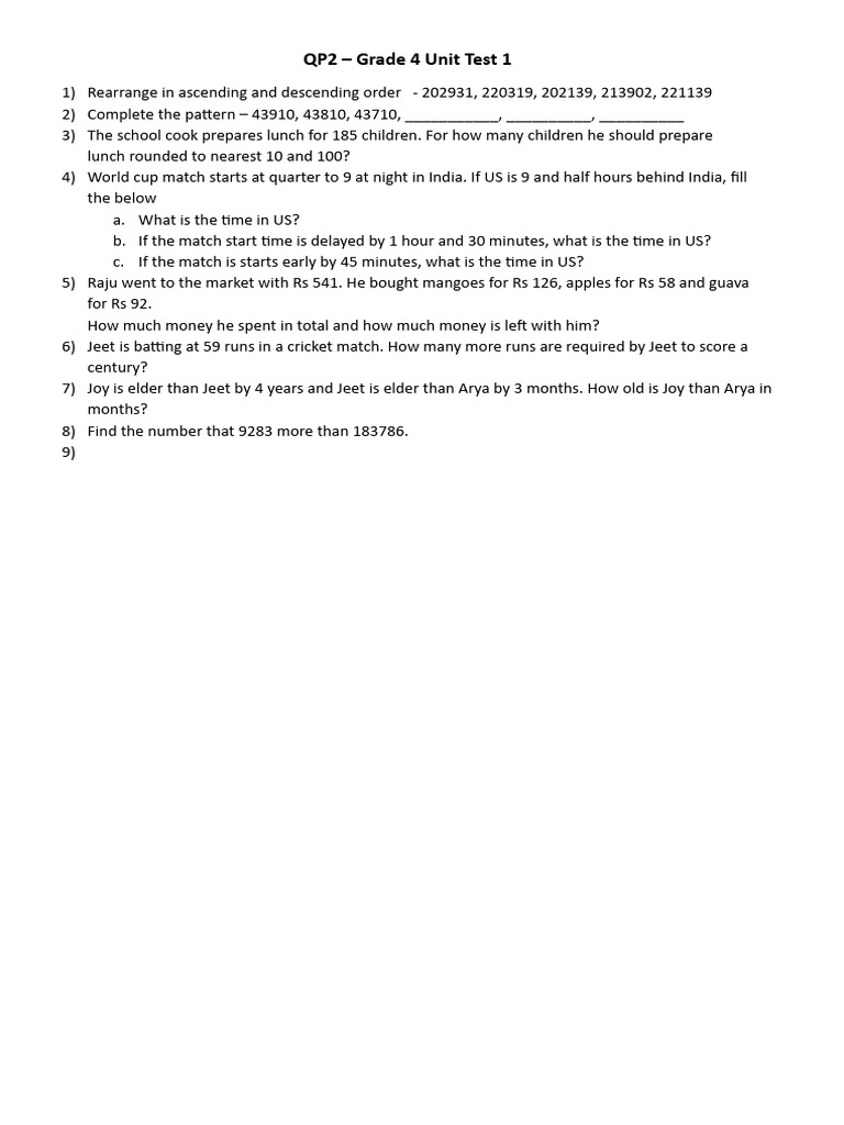 QP2 - Grade 4 Unit Test 1 | PDF