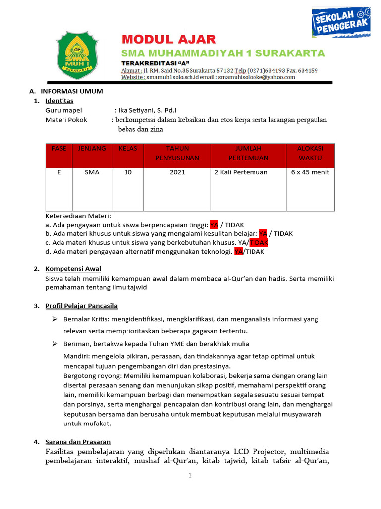 MODUL AJAR AL-QUR_AN DAN AL-HADITS | PDF