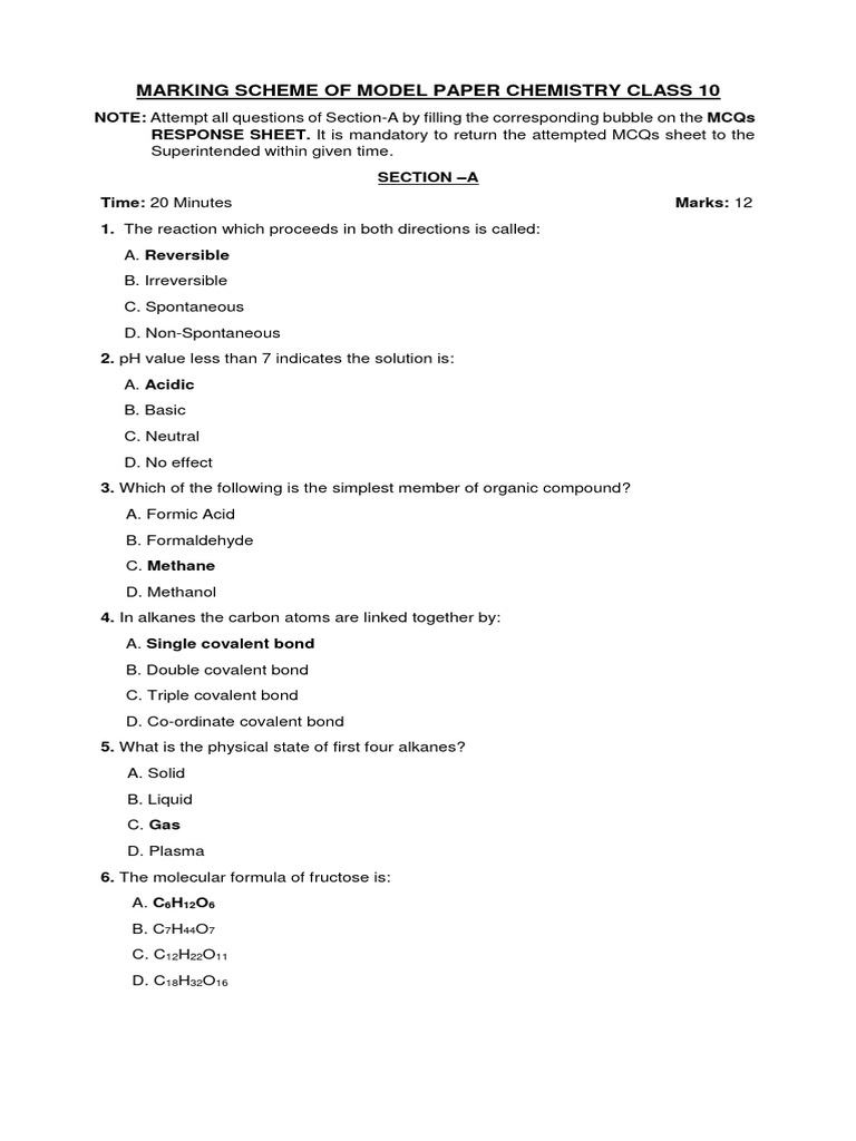 Chemistry Class 10 Model Paper Marking Scheme | PDF | Chemical ...