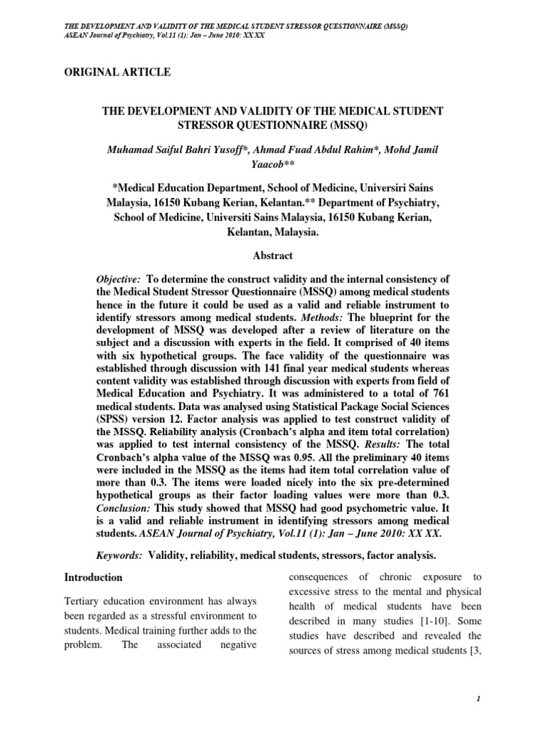 ASEAN - The Development & Validity of MSSQ | PDF | Stress (Biology ...