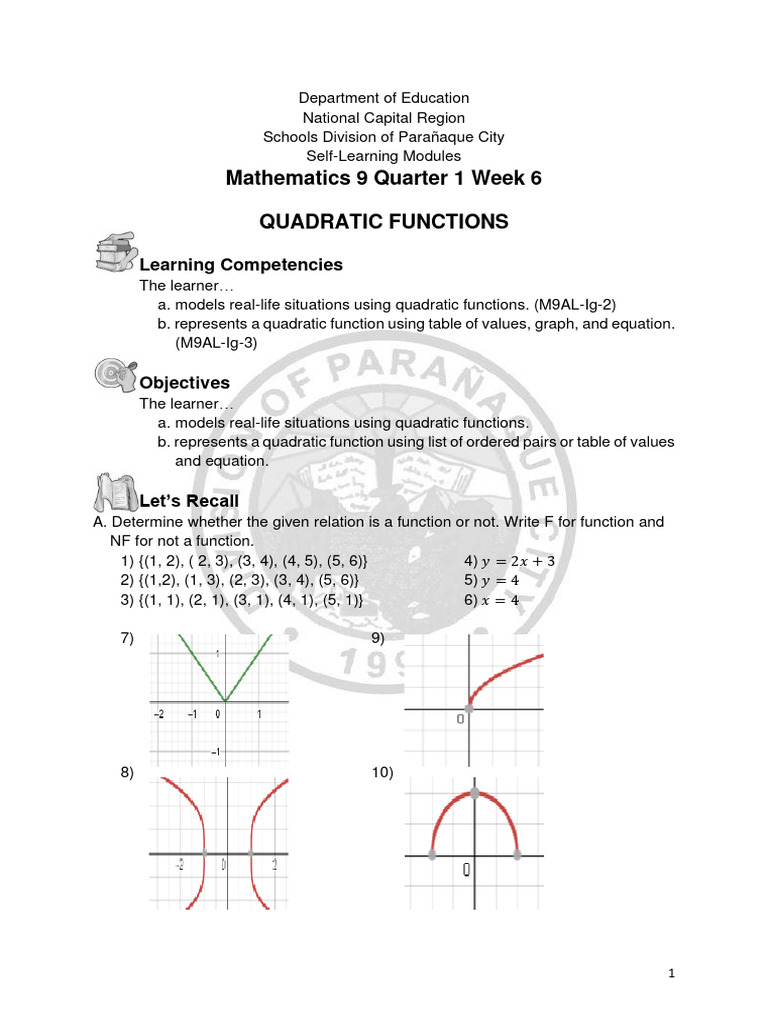 Mathematics9 Quarter1 Module6 Week6 | PDF | Area | Function (Mathematics)