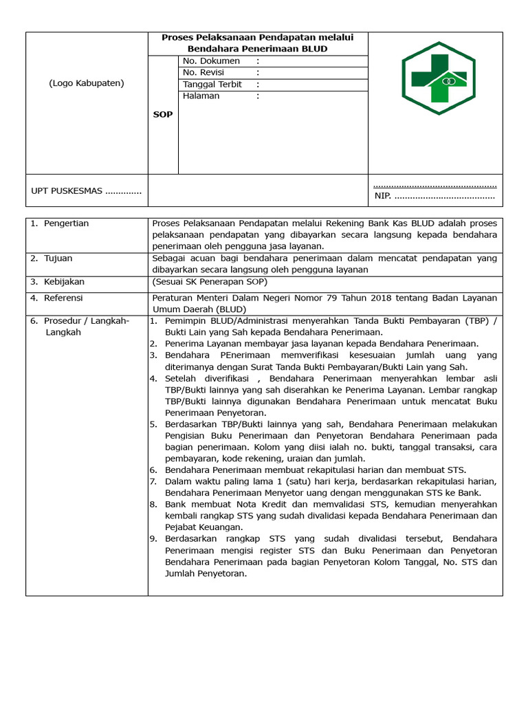 SOP Pendapatan Bendahara BLUD | PDF