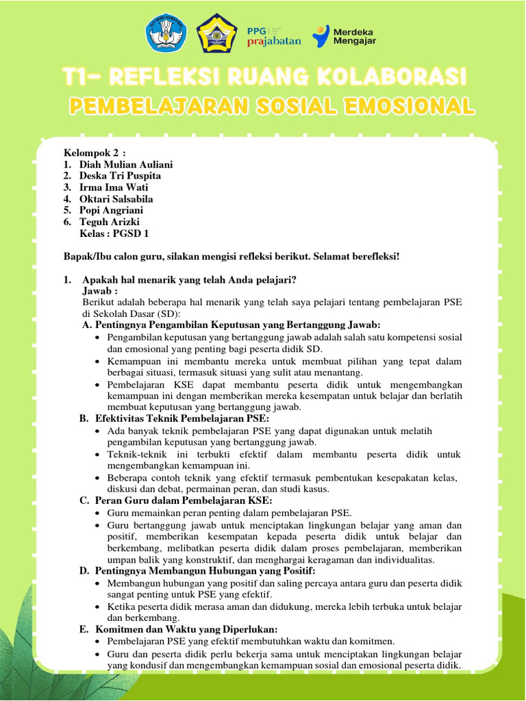 TOPIK 1 PSE Refleksi Ruang Kolaborasi (Kelompok 2) - 1 | PDF
