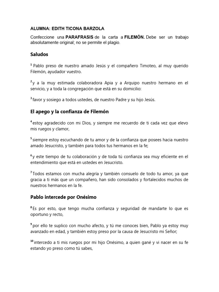 Carta de Pablo a Filemón sobre Onésimo | PDF | Epístola a Filemón | Jesús