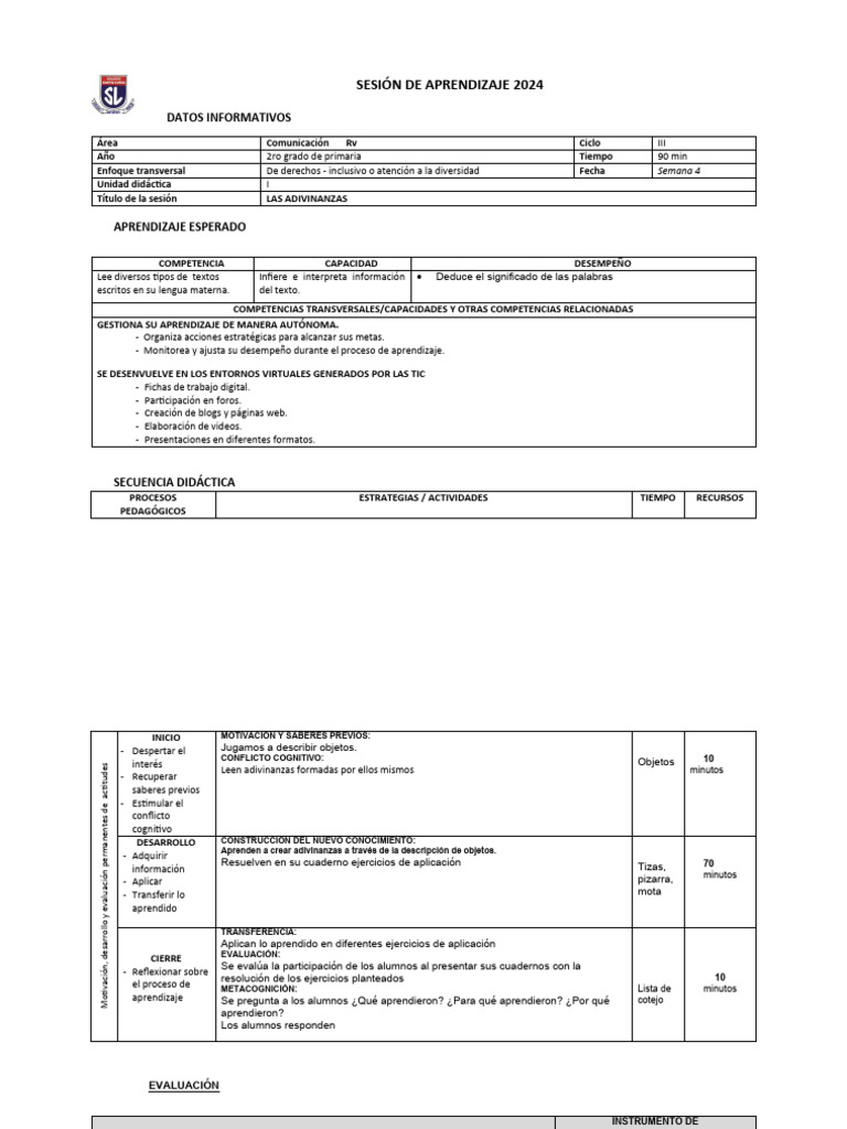 SESIÓN DE APRENDIZAJE adivinanzas | Descargar gratis PDF | Aprendizaje | Evaluación