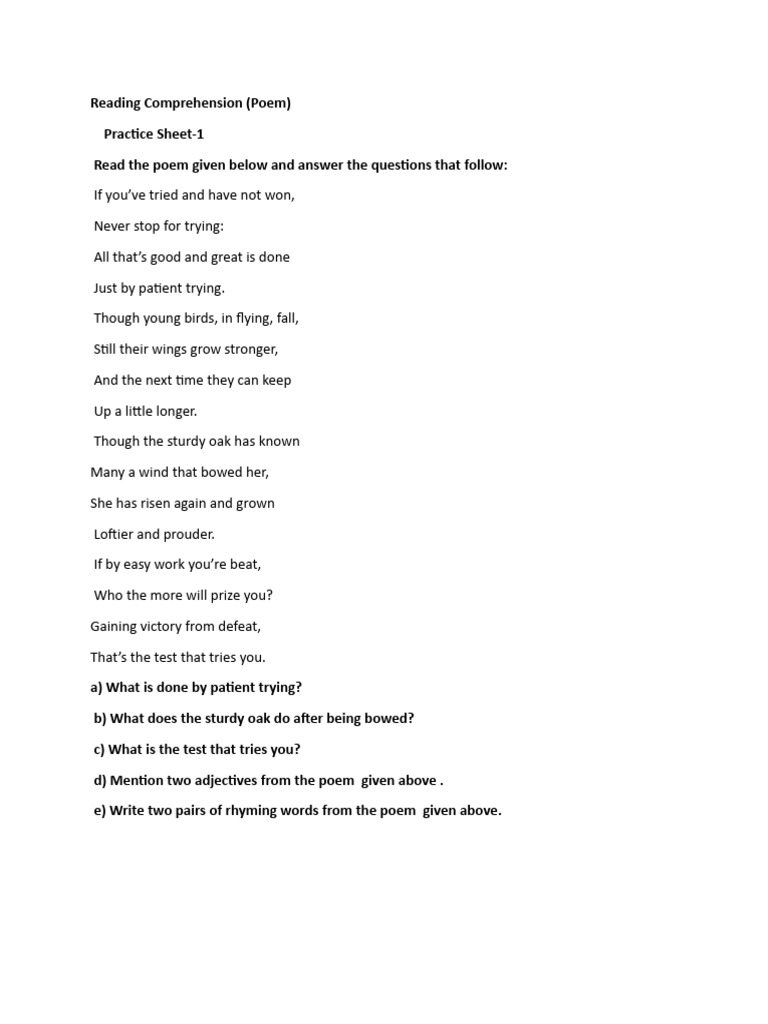 Poem Reading Comprehension Practice Sheet | PDF