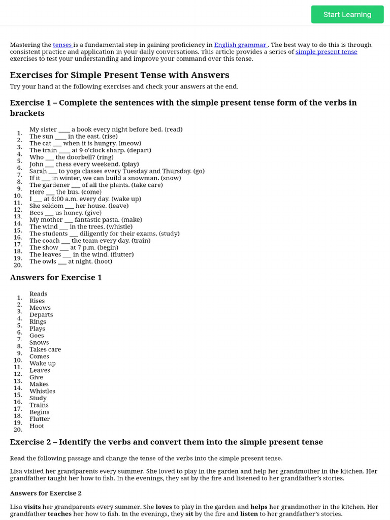 Simple Present Tense Exercises With Answers | PDF