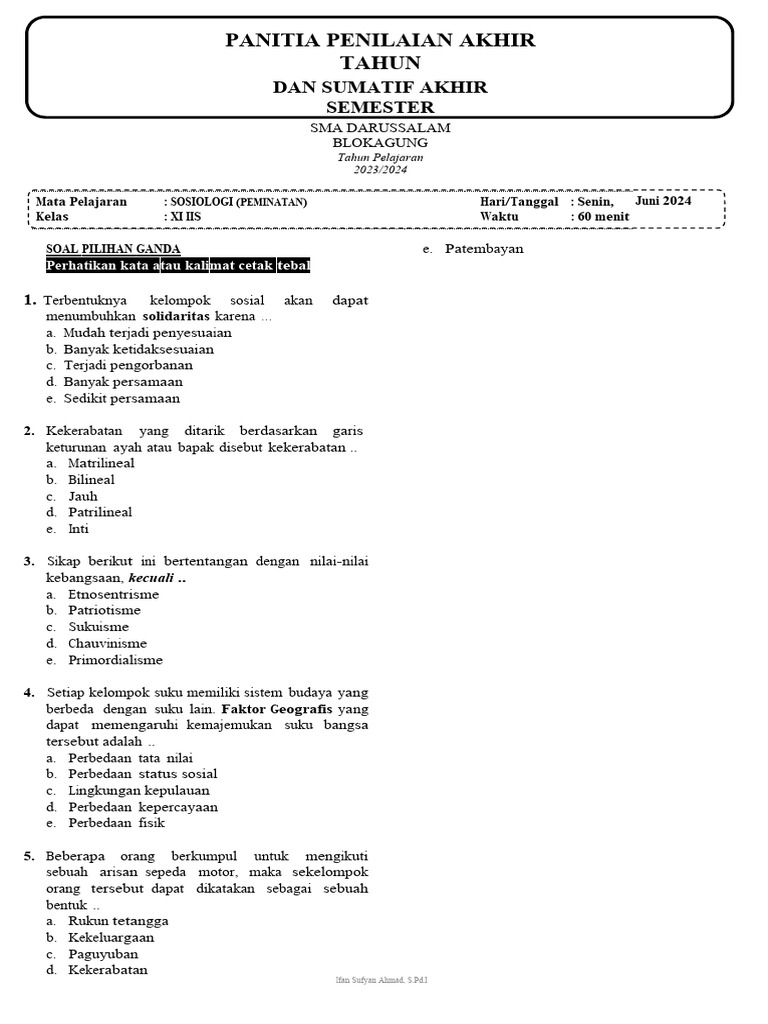Soal Pat Sosiologi Peminatan Xi Iis 2 & 3 2023 2024 104015 | PDF