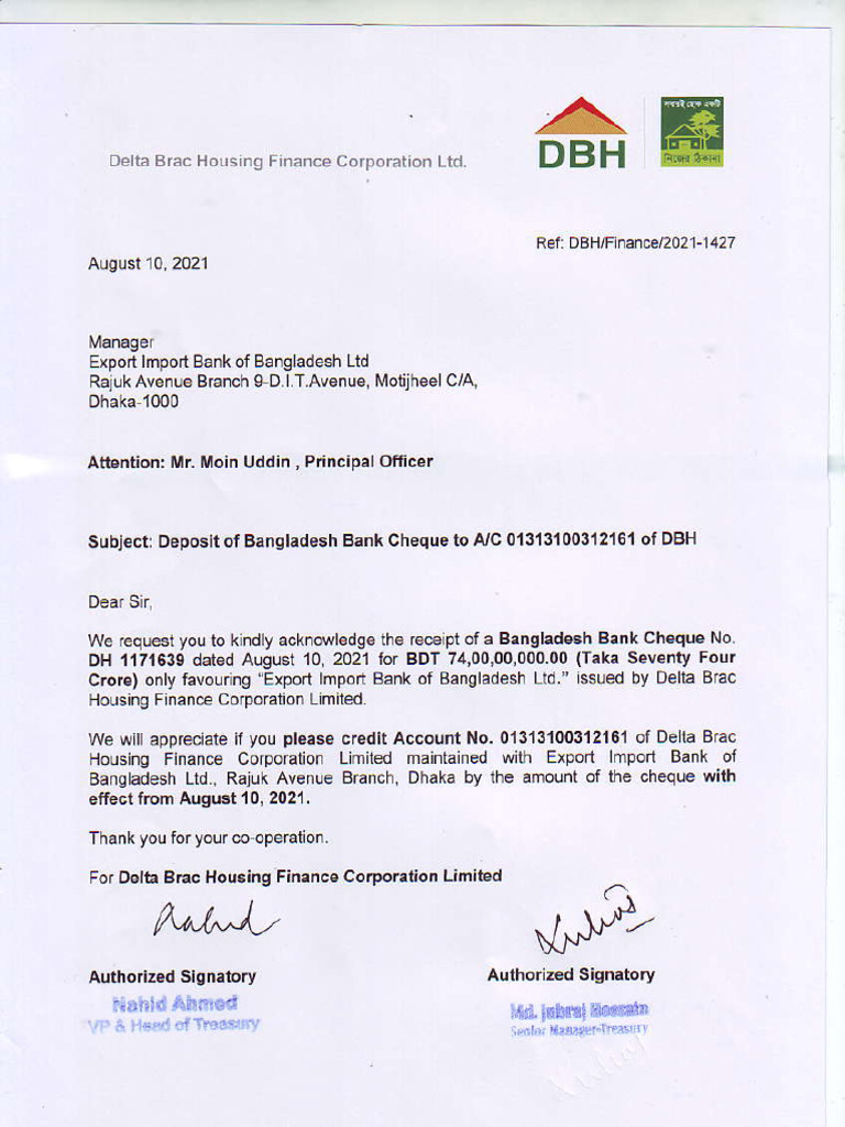 DEPOSIT LETTER & CHEQUE | PDF