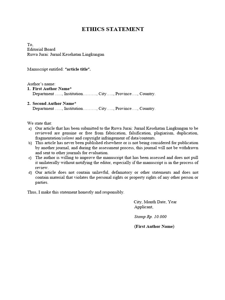 Ethics Statement, Authorship Agreement, Statement of Authenticity and Declaration of Copyright ...
