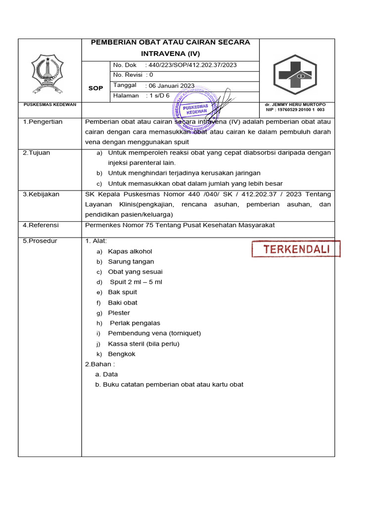Prosedur Pemberian Obat IV di Puskesmas | PDF | Sains & Matematika