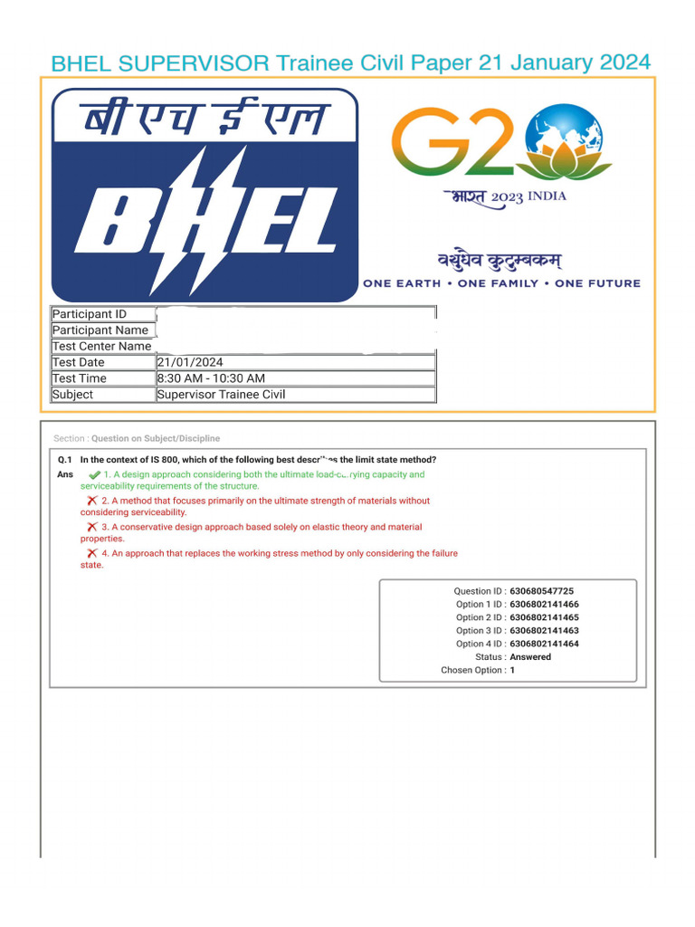 Bhel Supervisor Trainee Civil Paper 21 Jan 2024 | PDF | Beam (Structure ...