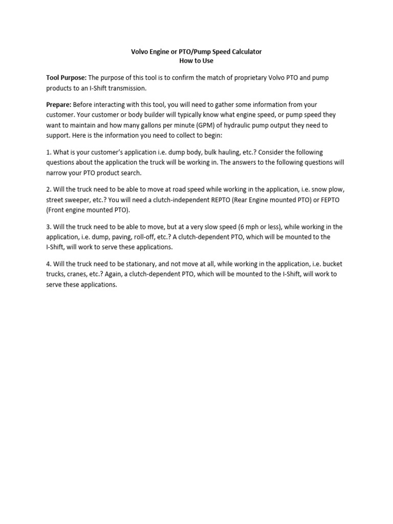 How To Use The Volvo Engine Pto Pump Speed Calculator | PDF | Pump | Truck