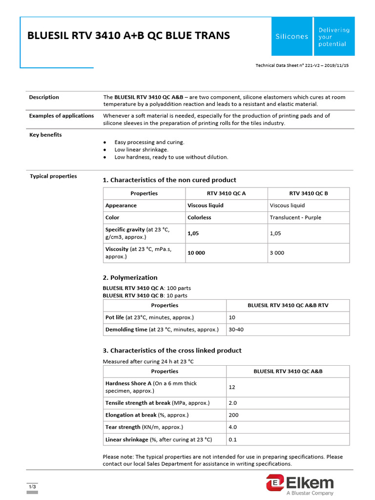 Bluesil RTV 3410 QC A B TDS en Elkem 15 11 2019 | PDF | Viscosity | Shelf Life
