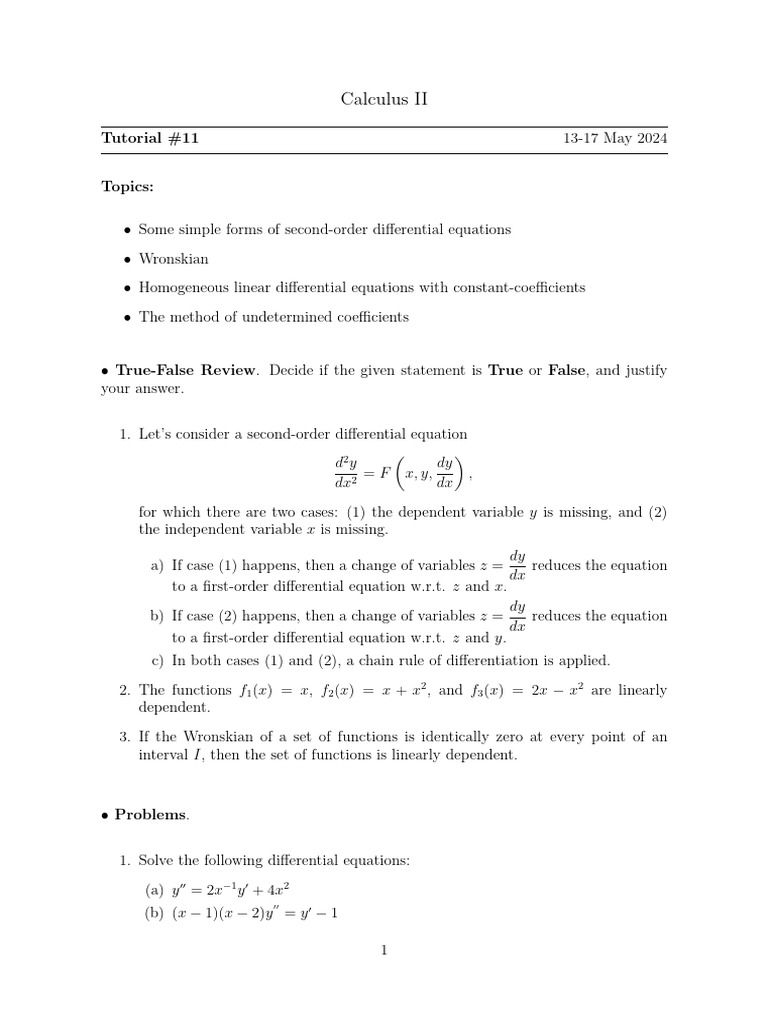 Calculus II - Tutorial #11 | PDF | Equations | Differential Equations