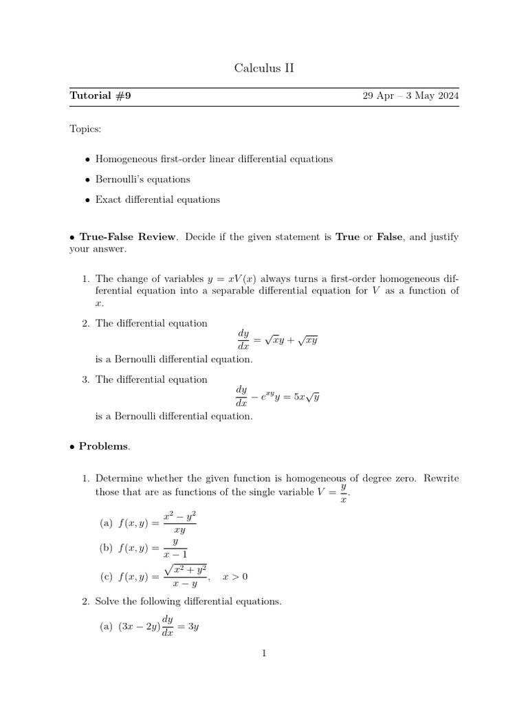 Calculus II - Tutorial #9 | PDF | Differential Equations | Equations