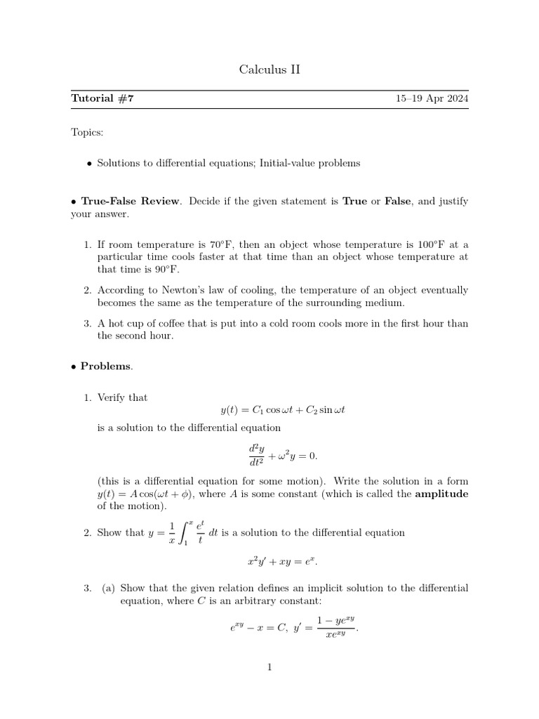 Calculus II - Tutorial #7 | PDF | Differential Equations | Physics