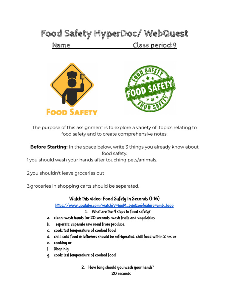 Food Safety Sanitation Webquest - 15766108 | PDF | Cooking | Foods