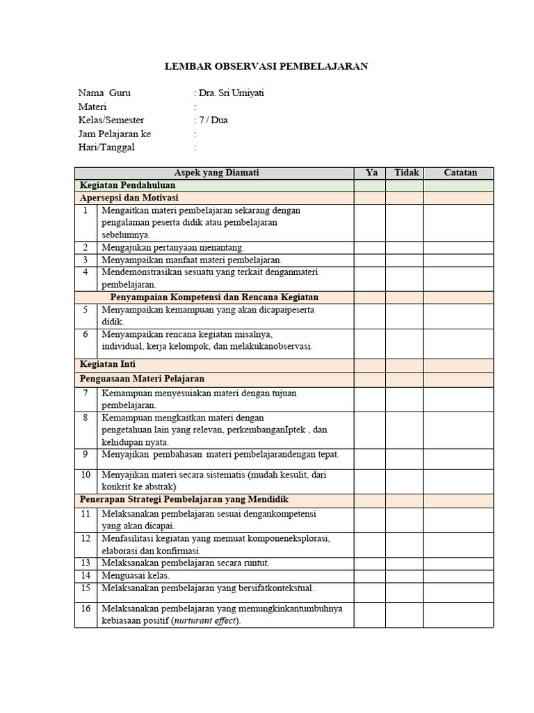 Lembar Observasi Pembelajaran | PDF | Karier & Perkembangan